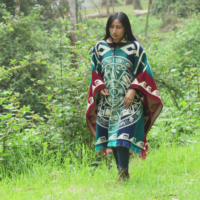 Aztec Sun Stone Alpaca Wool Poncho Handcrafted by Indigenous Hands ...